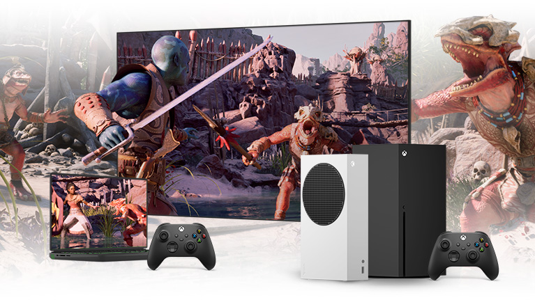 Xbox のコントローラー、Xbox Series X と S をテレビとノート PC に接続して、Avowed のアートを堪能