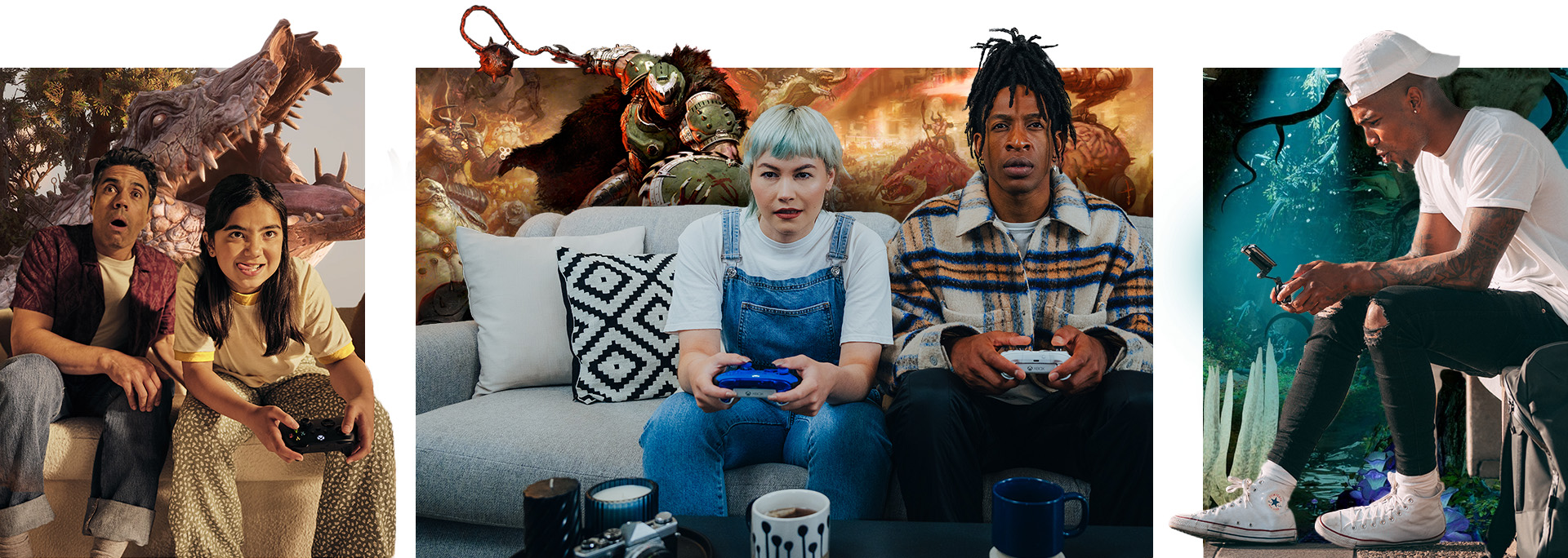 ゲームのシーンを背景にゲームをプレイする人々