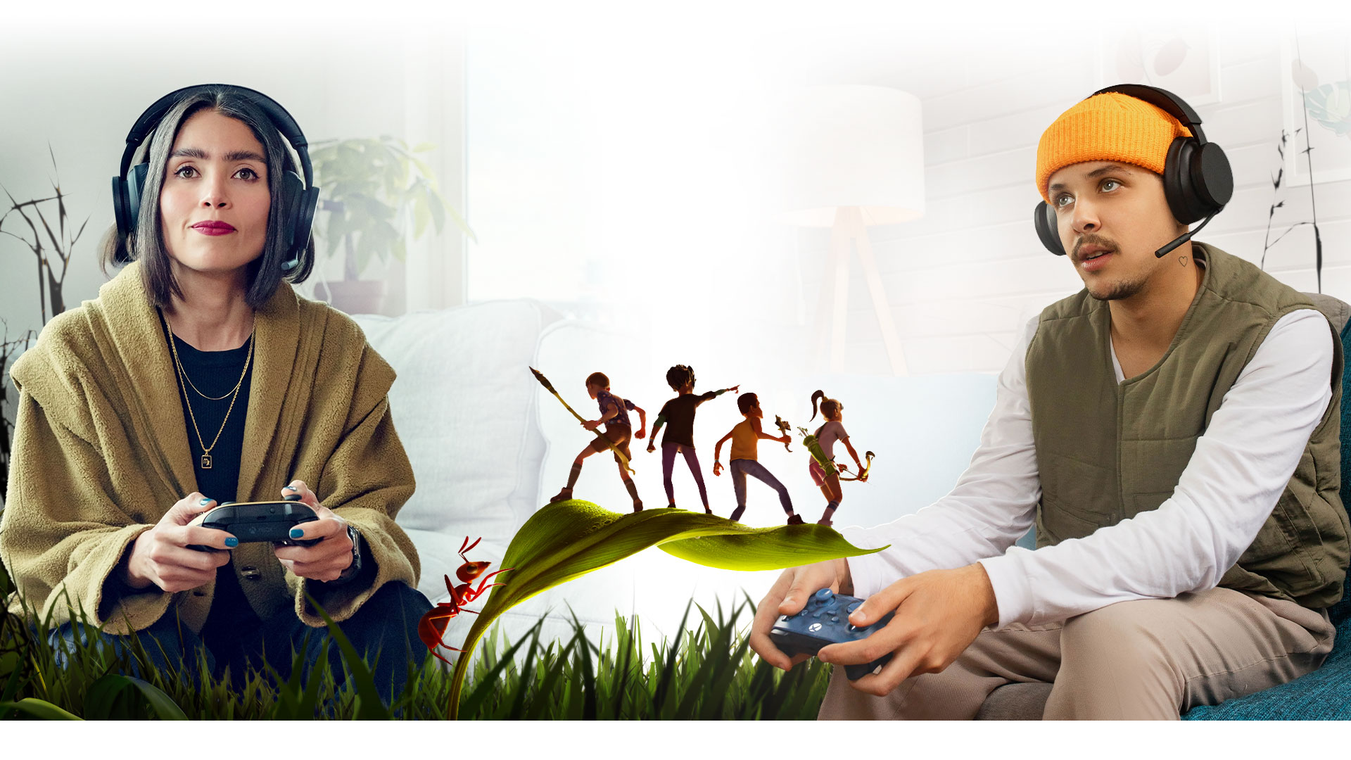 Two people wearing headsets playing Xbox games together, surrounded by in-game art from the game Grounded.